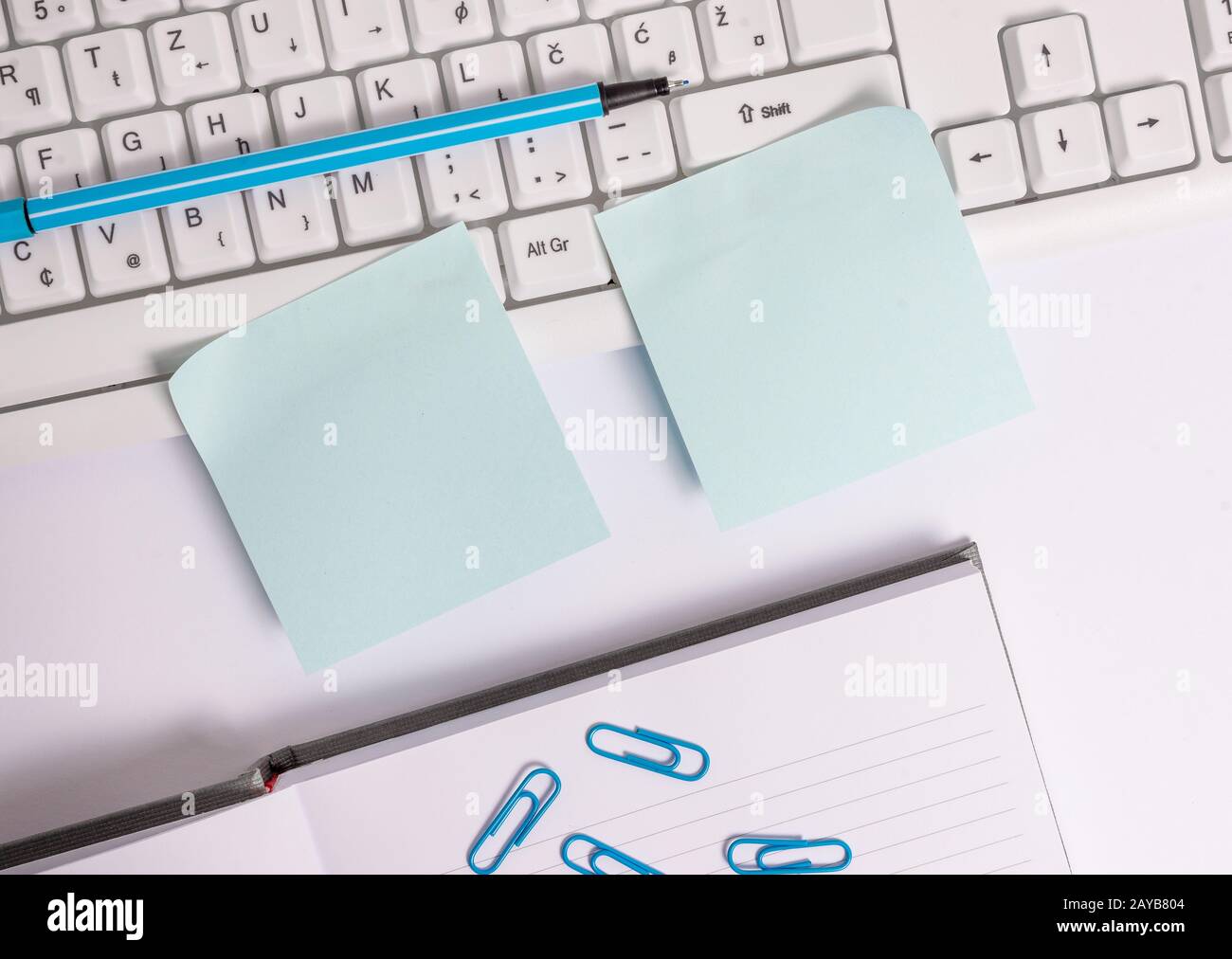 Flat lay above blank copy space sticky notes with business concept ...