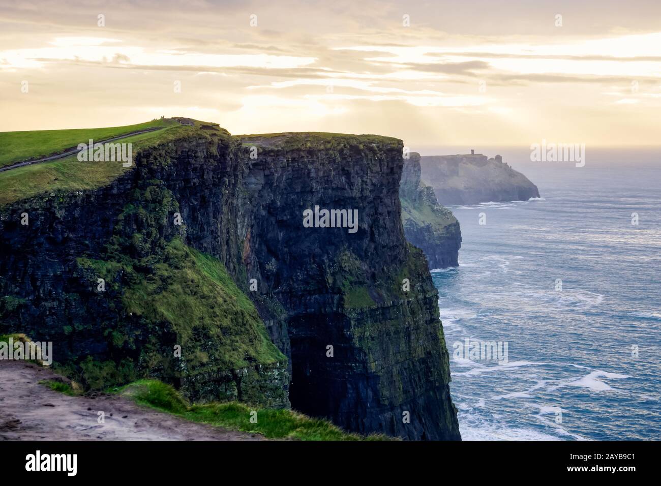 Cliffs of Moher in Wild Atlantic Way with ruins of tower on edge of ...