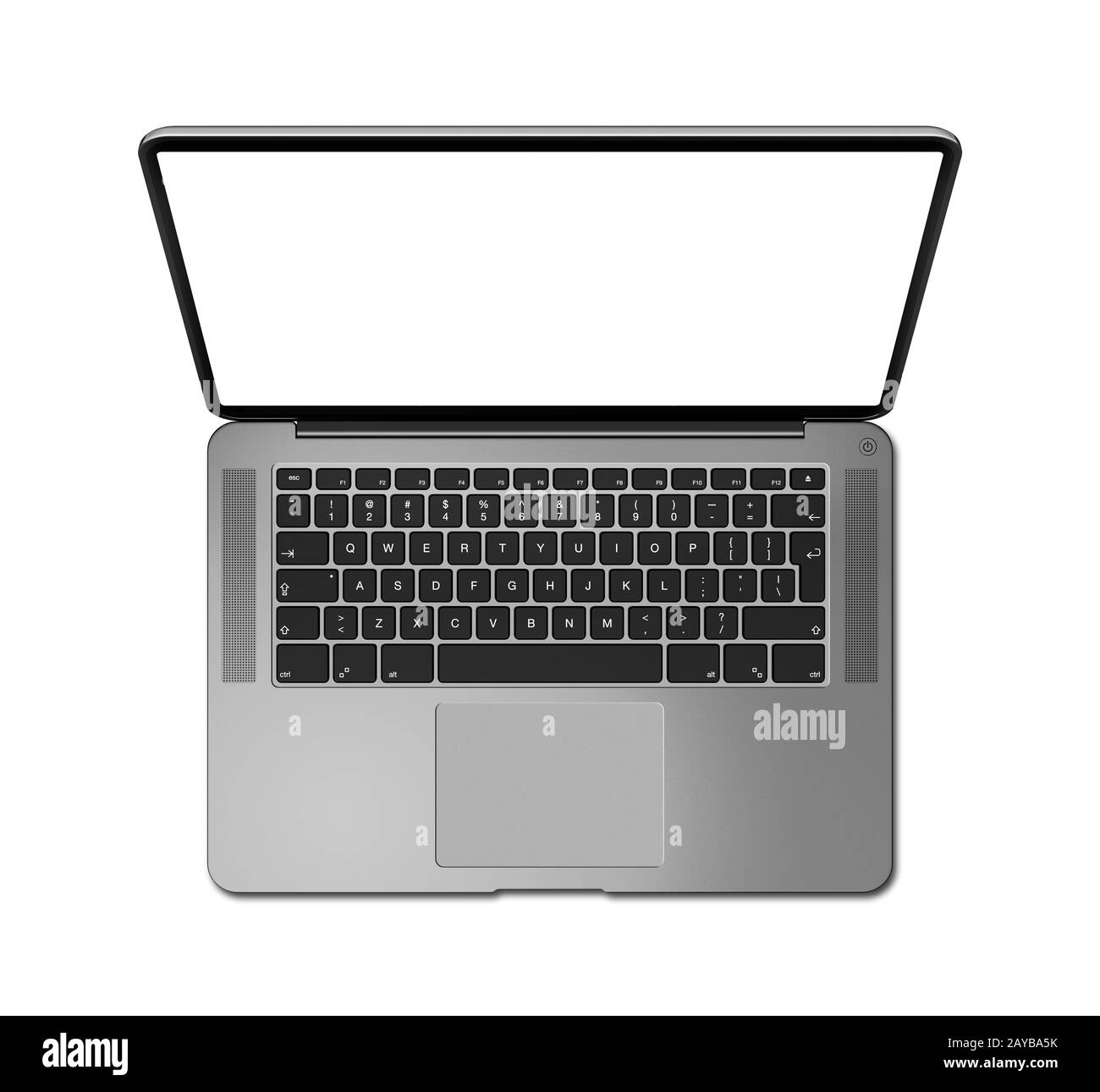 Open laptop top view with blank screen, isolated on white. Dark silver ...