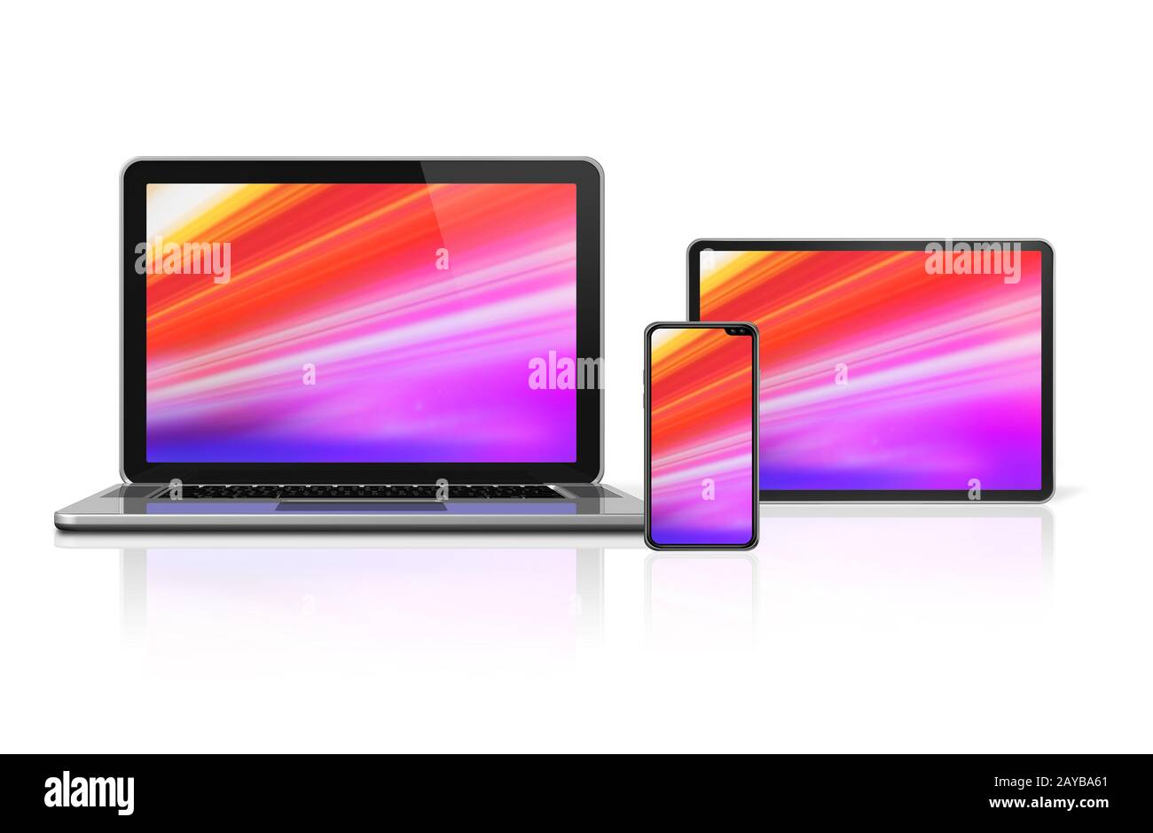 Laptop, tablet and phone set mockup isolated on white. 3D render Stock ...