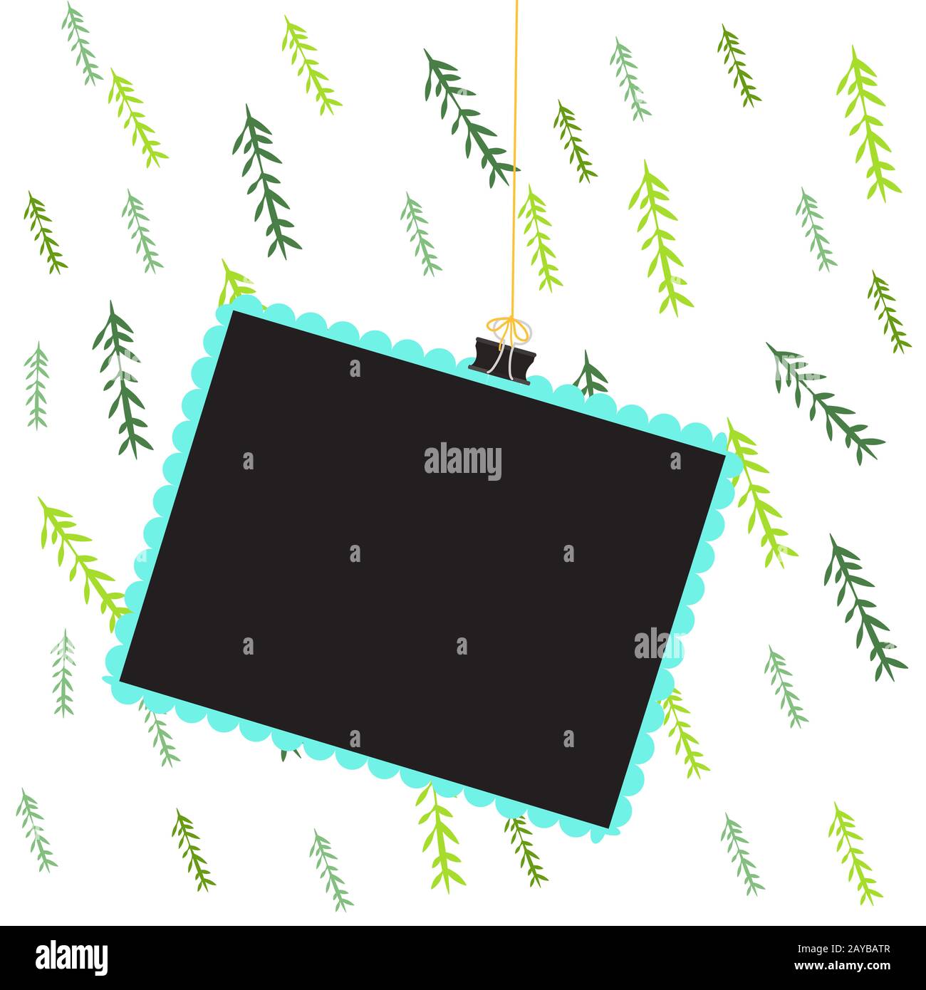 Colored stamp stuck by binder clip and string. Empty square frame with ...