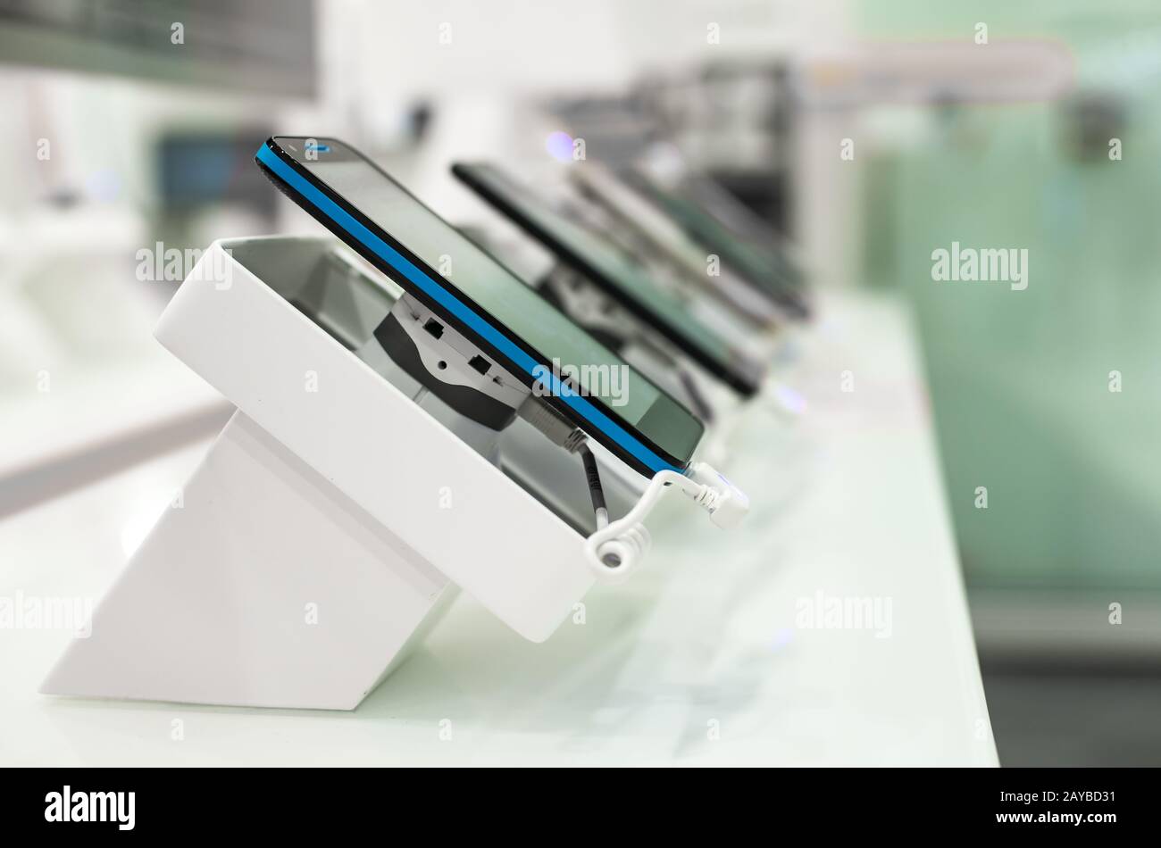 Smartphones on shelf in the store. Concept for communications and ...