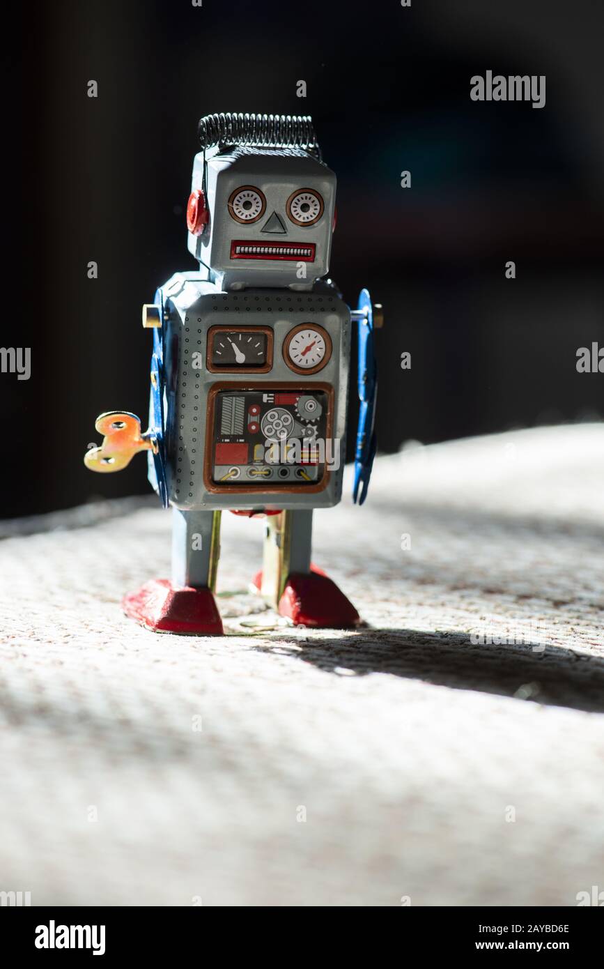 Vintage blue robot toy Stock Photo - Alamy