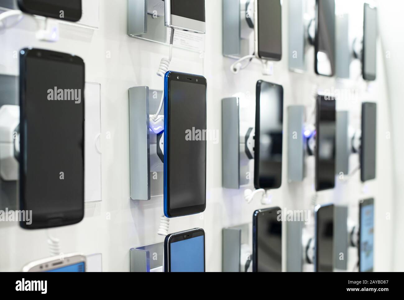 Smartphones on shelf in the store. Concept for communications and ...