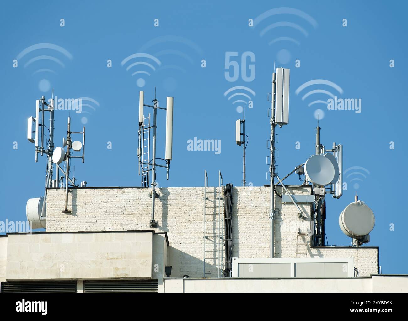 5G antennas and GSM transmitters. Concept for high speed 5G internet ...