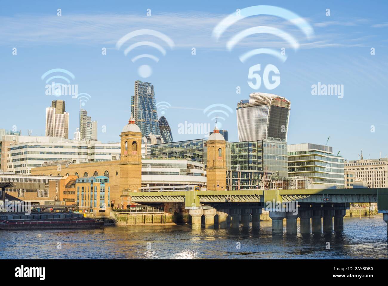 5G concept in the city. Many wireless symbols on the top of the ...