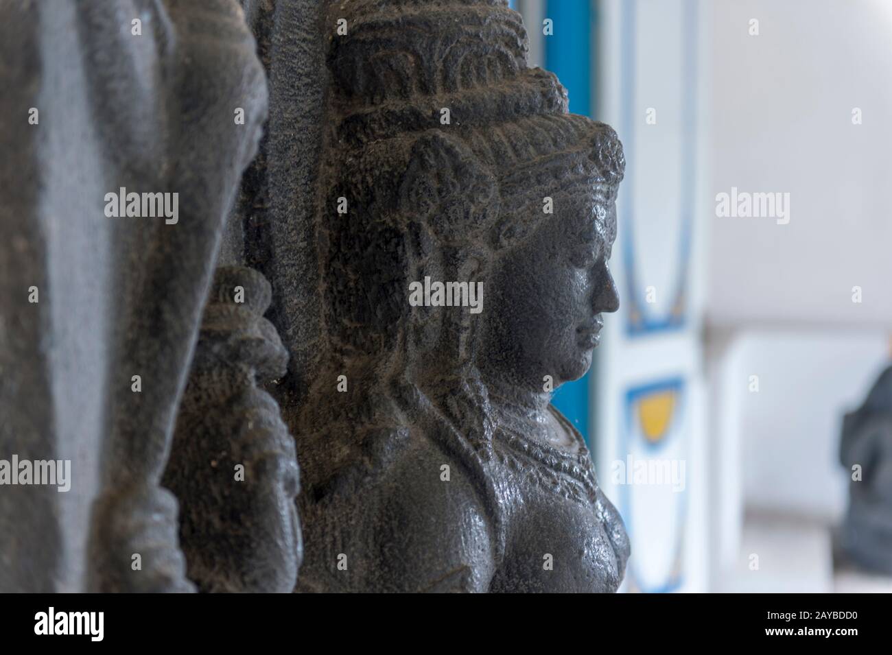 A stone carving of Durga, the Hindu Goddess at the Radya Pustaka Museum ...