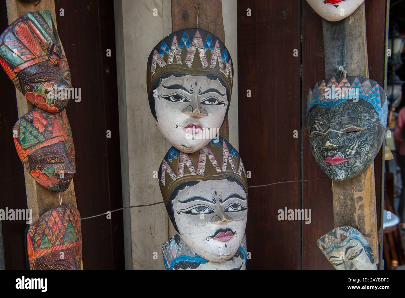Wooden masks on display at the Pasar Triwindu (Antique Market) in Solo ...