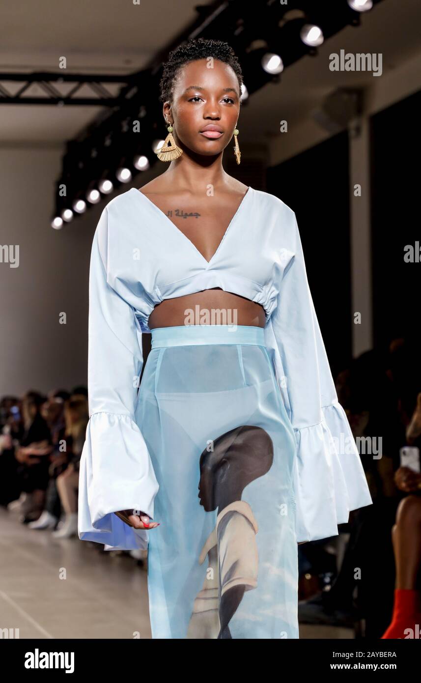 New York, NY, USA - February 12, 2020: A model walks runway for Fe Noel ...