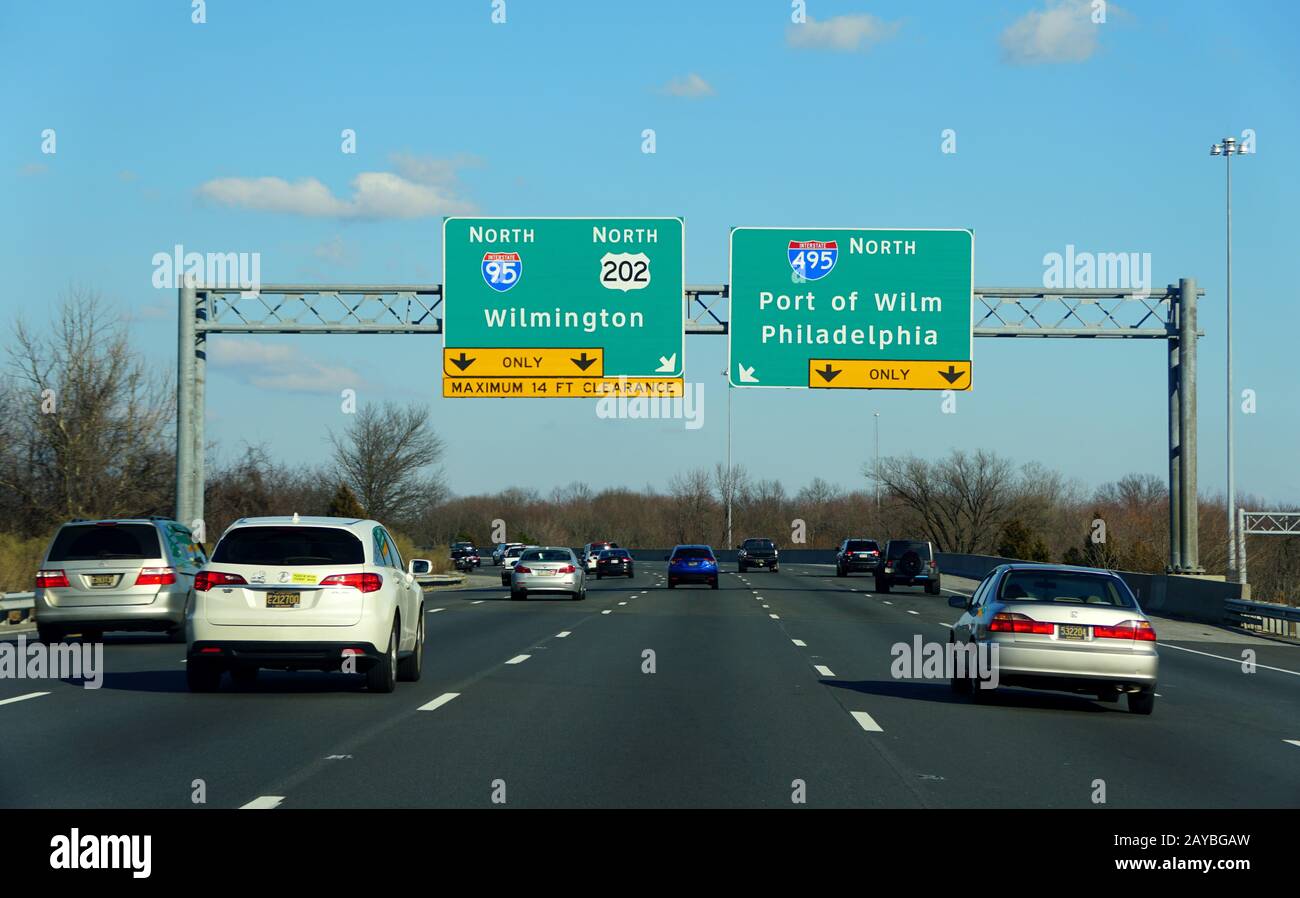 Wilmington, Delaware, U.S.A - February 9, 2020 - Highway signs on ...