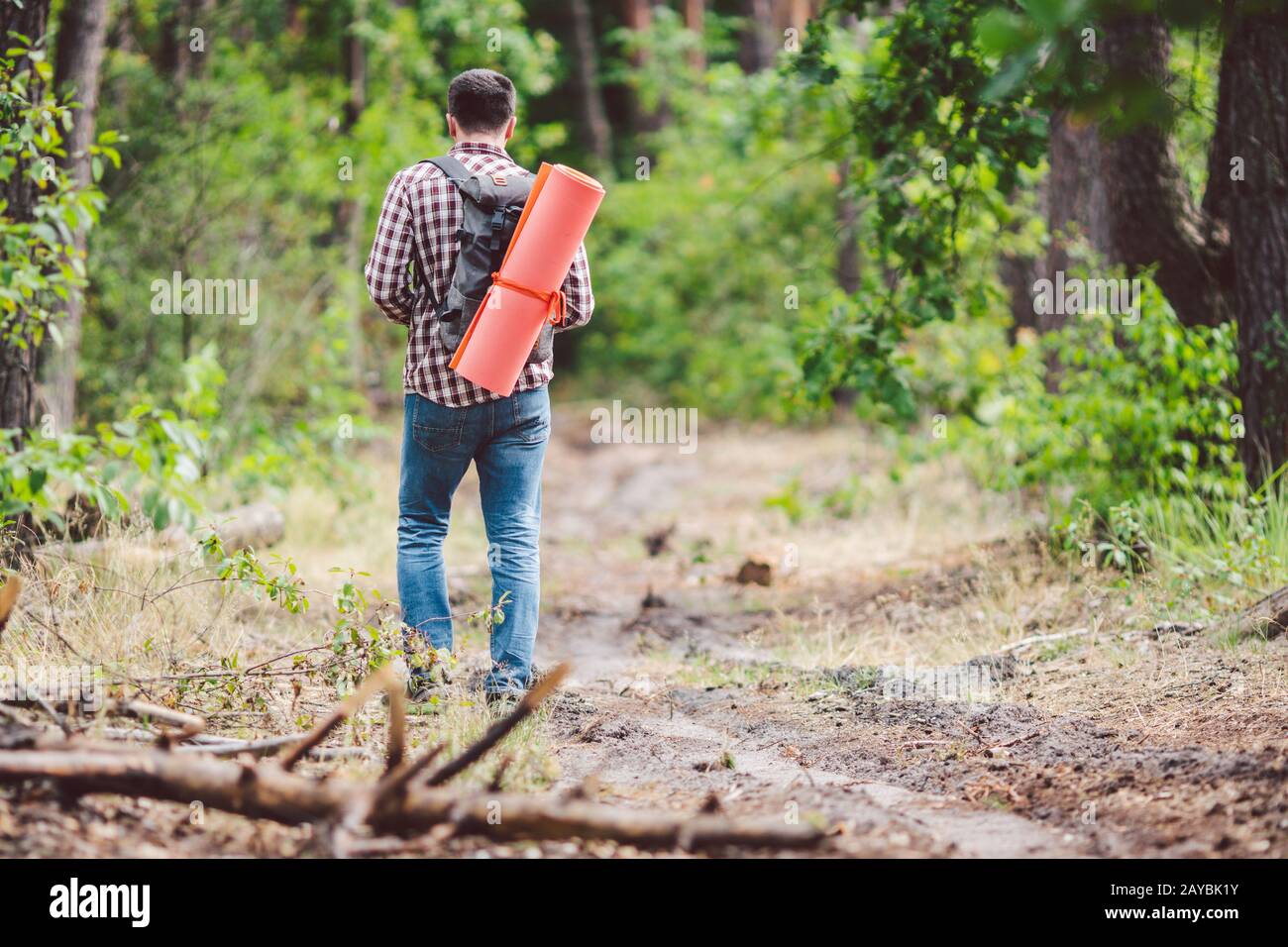 Concept breathtaking journey and adventure. Back view hike brave ...
