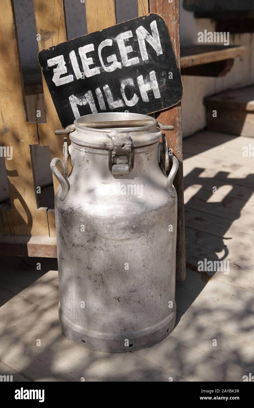 A milk churn filled with lactose free goat milk on a farm. German word ...
