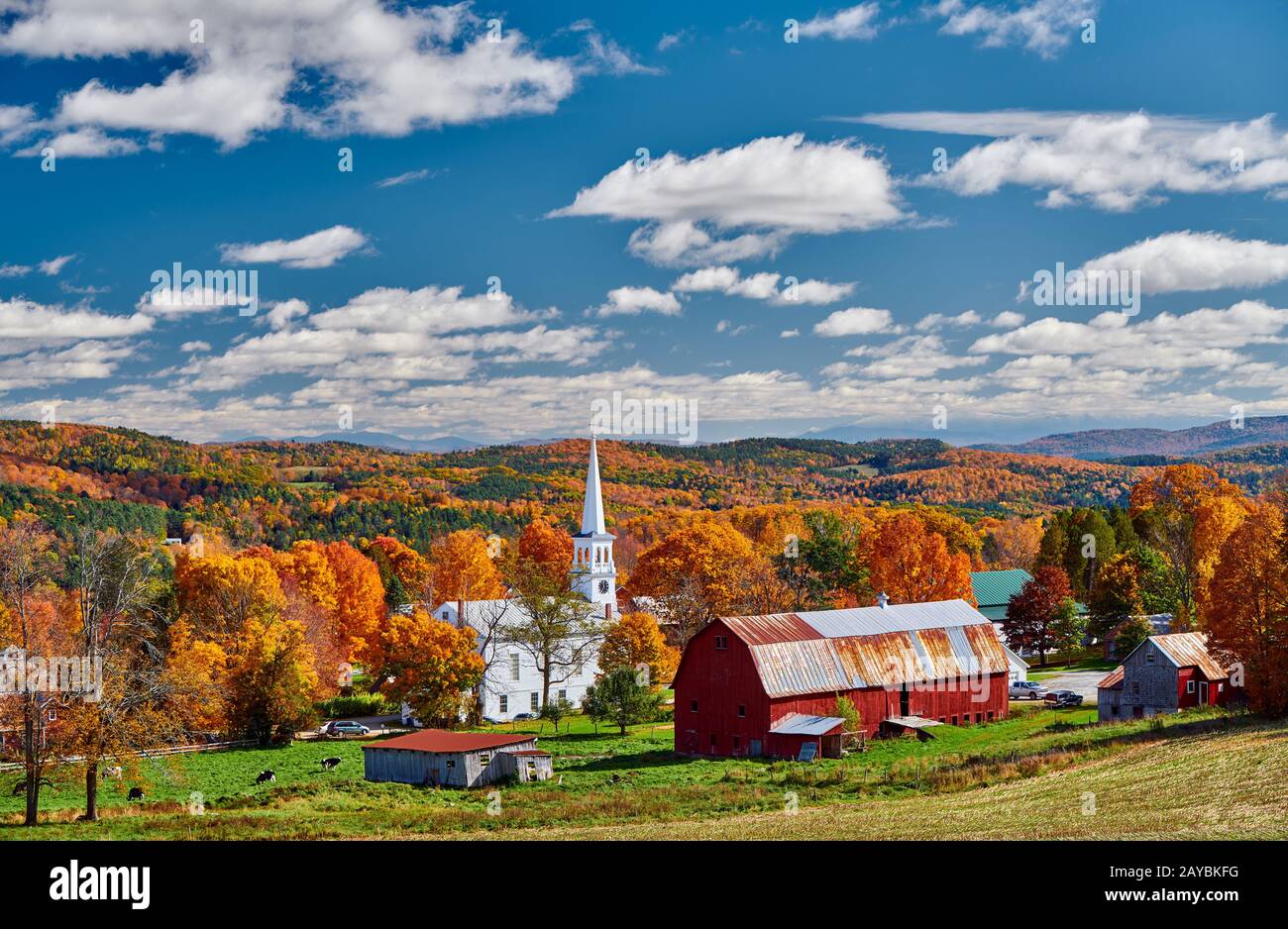 Church and farm with red barn at autumn Stock Photo - Alamy