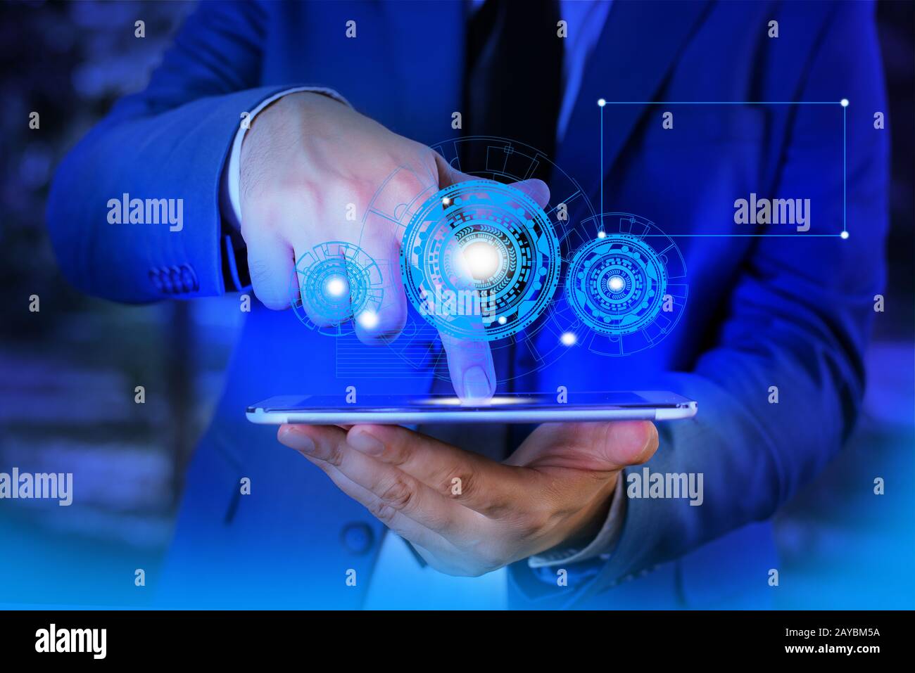 Male human presenting a presentation using the latest sophisticated ...