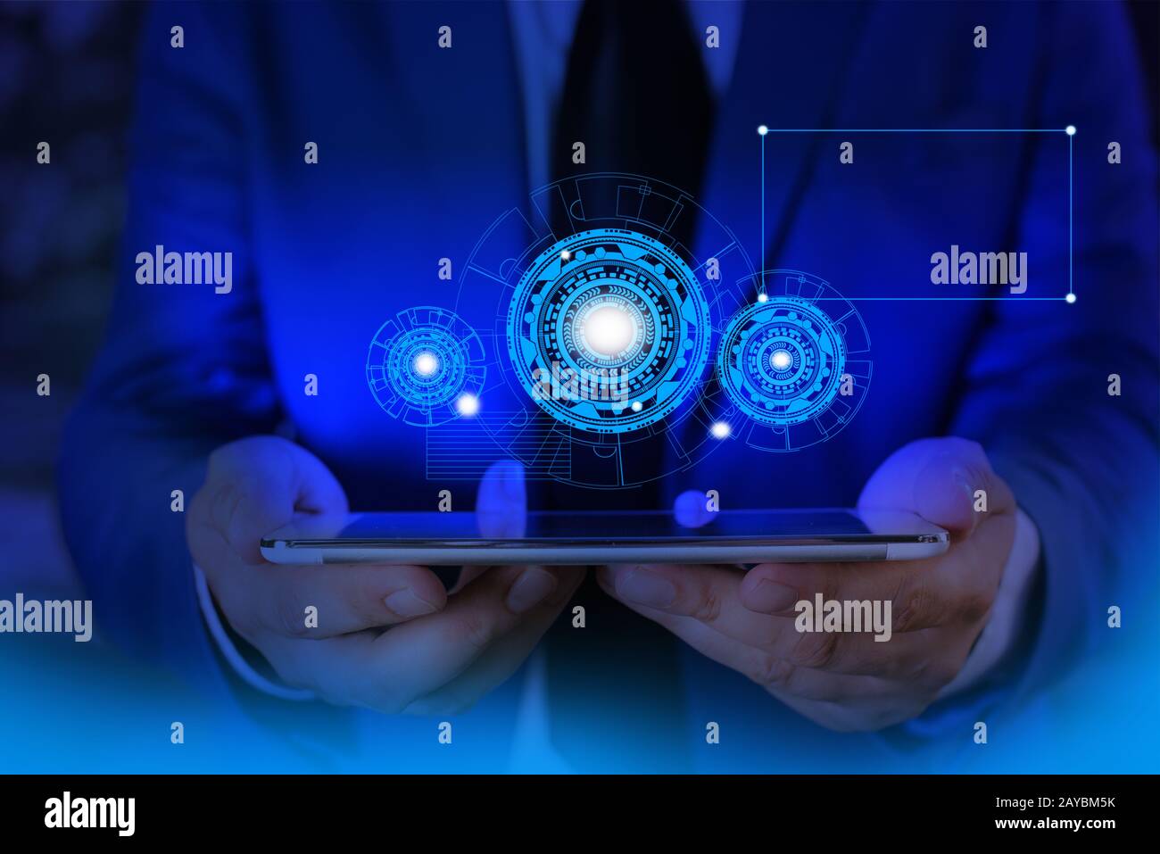 Male human presenting a presentation using the latest sophisticated ...