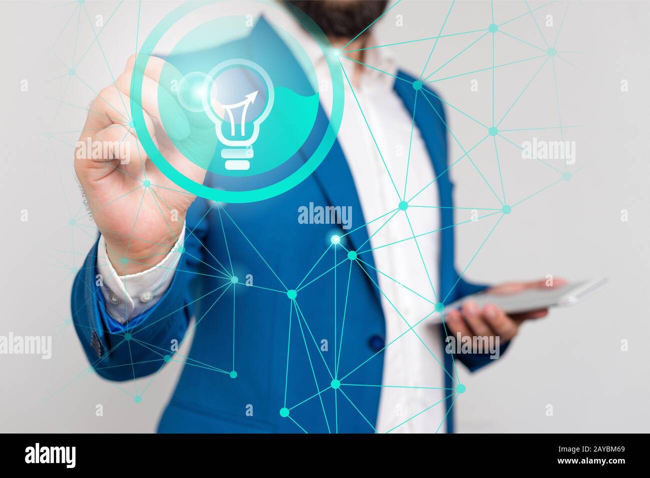 Male human presenting a presentation using the latest sophisticated ...