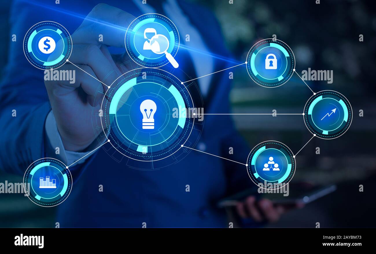 Male human presenting a presentation using the latest sophisticated ...