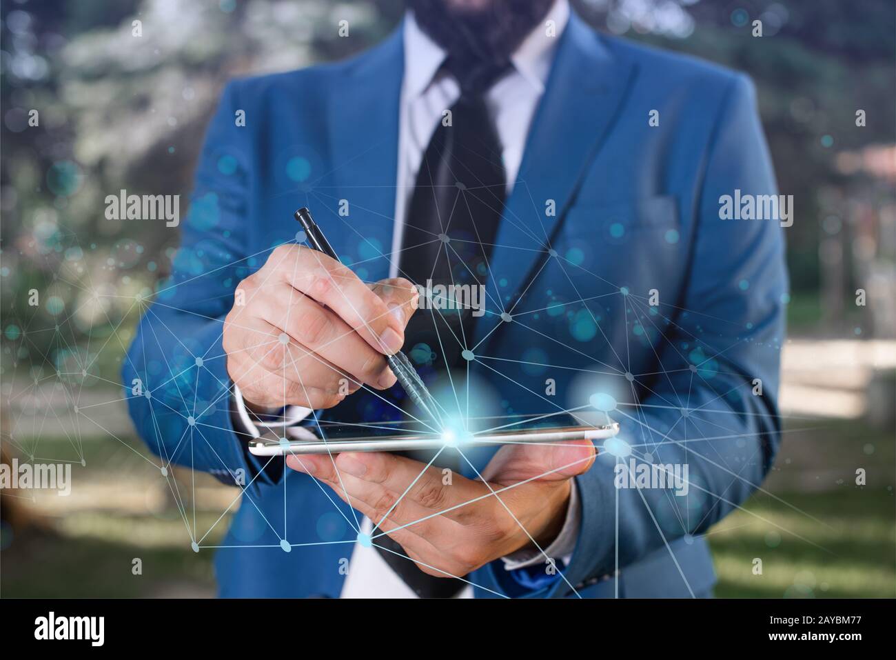 Male human presenting a presentation using the latest sophisticated ...