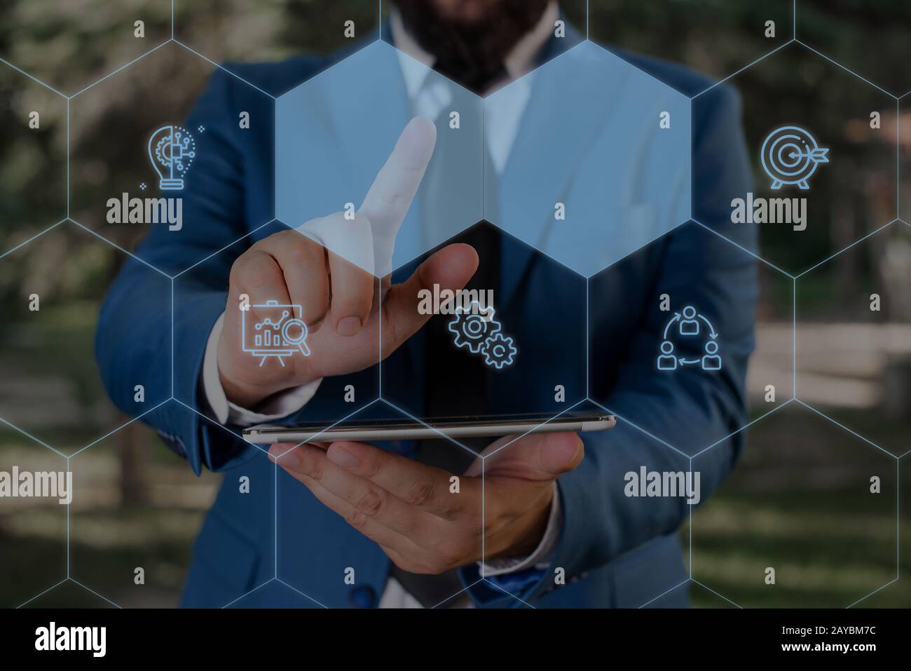 Male human presenting a presentation using the latest sophisticated ...