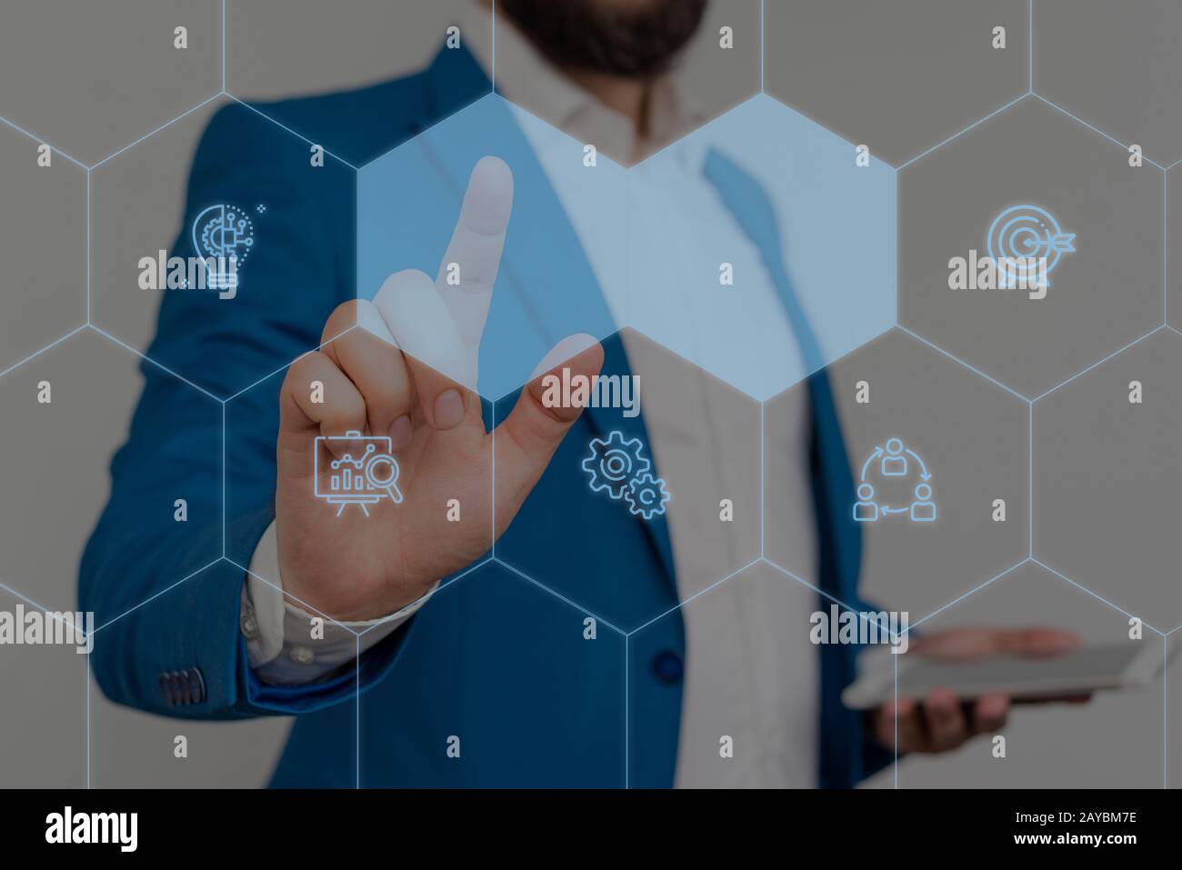 Male human presenting a presentation using the latest sophisticated ...