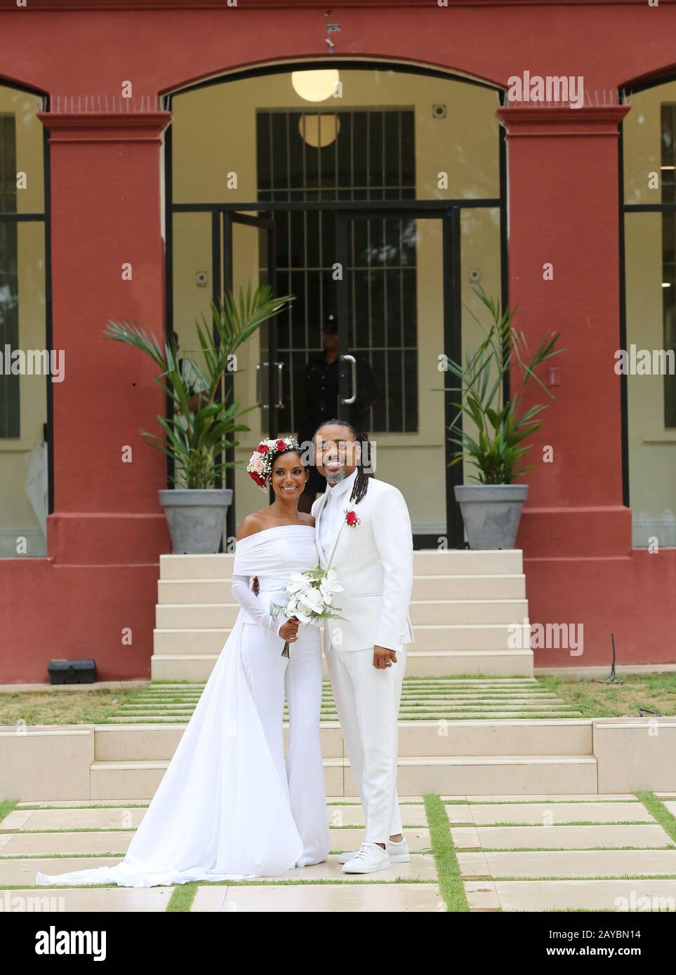 PORT OF SPAIN, TRINIDAD - FEB 14: Newlyweds Renee and Machel Montano ...