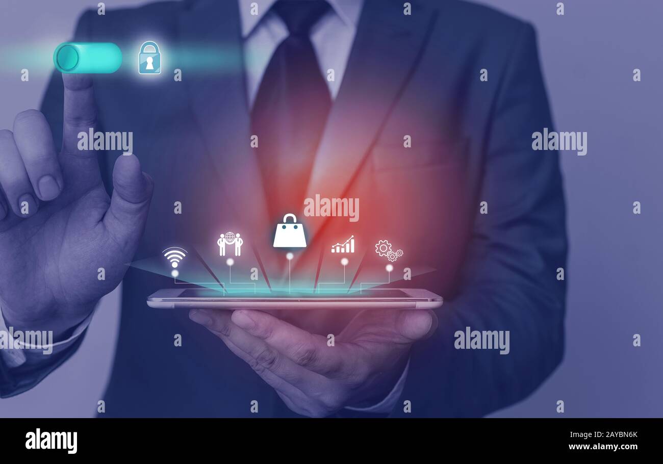 Male human presenting a presentation using the latest sophisticated ...