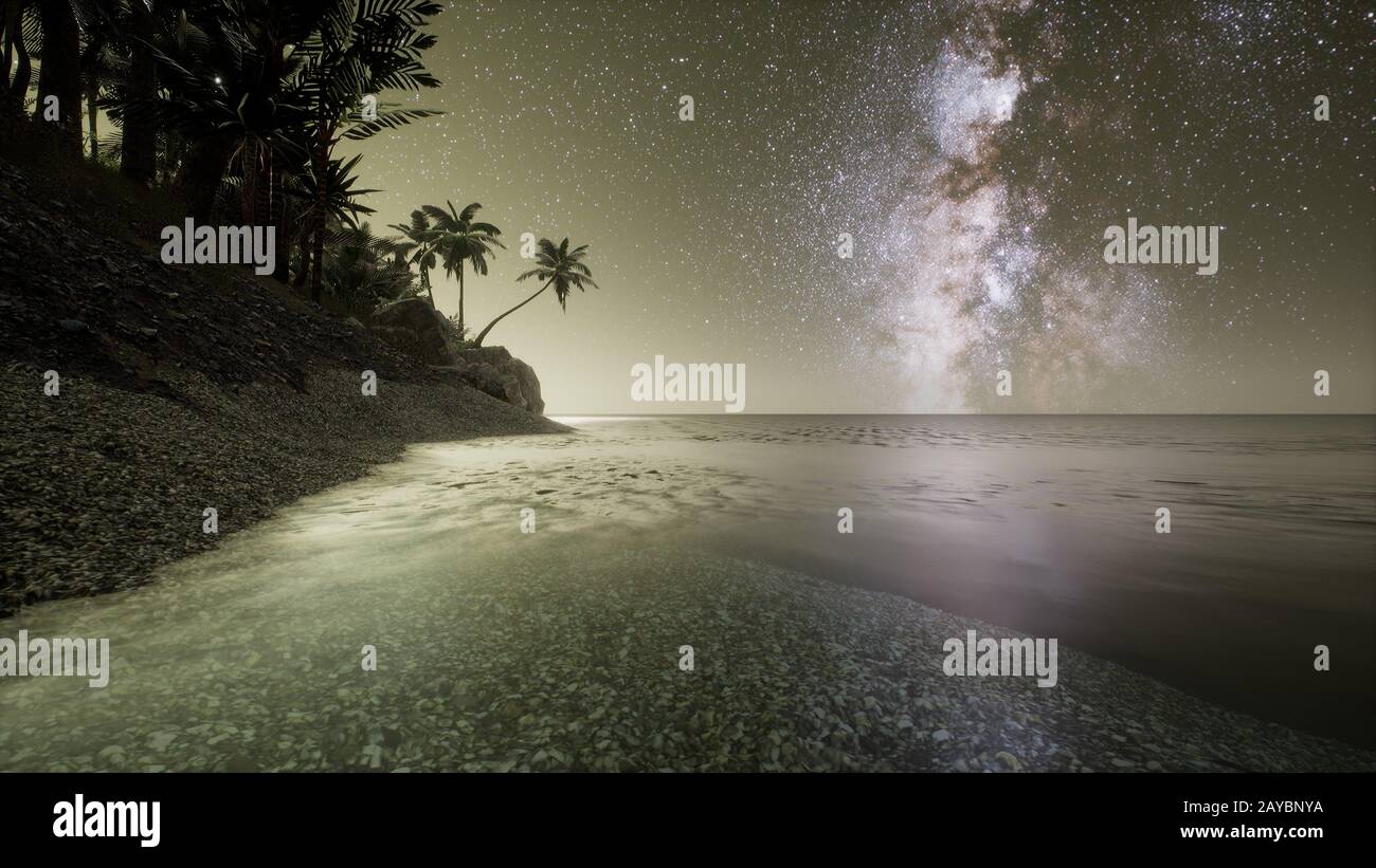 Beautiful fantasy tropical beach with Milky Way star in night skies ...