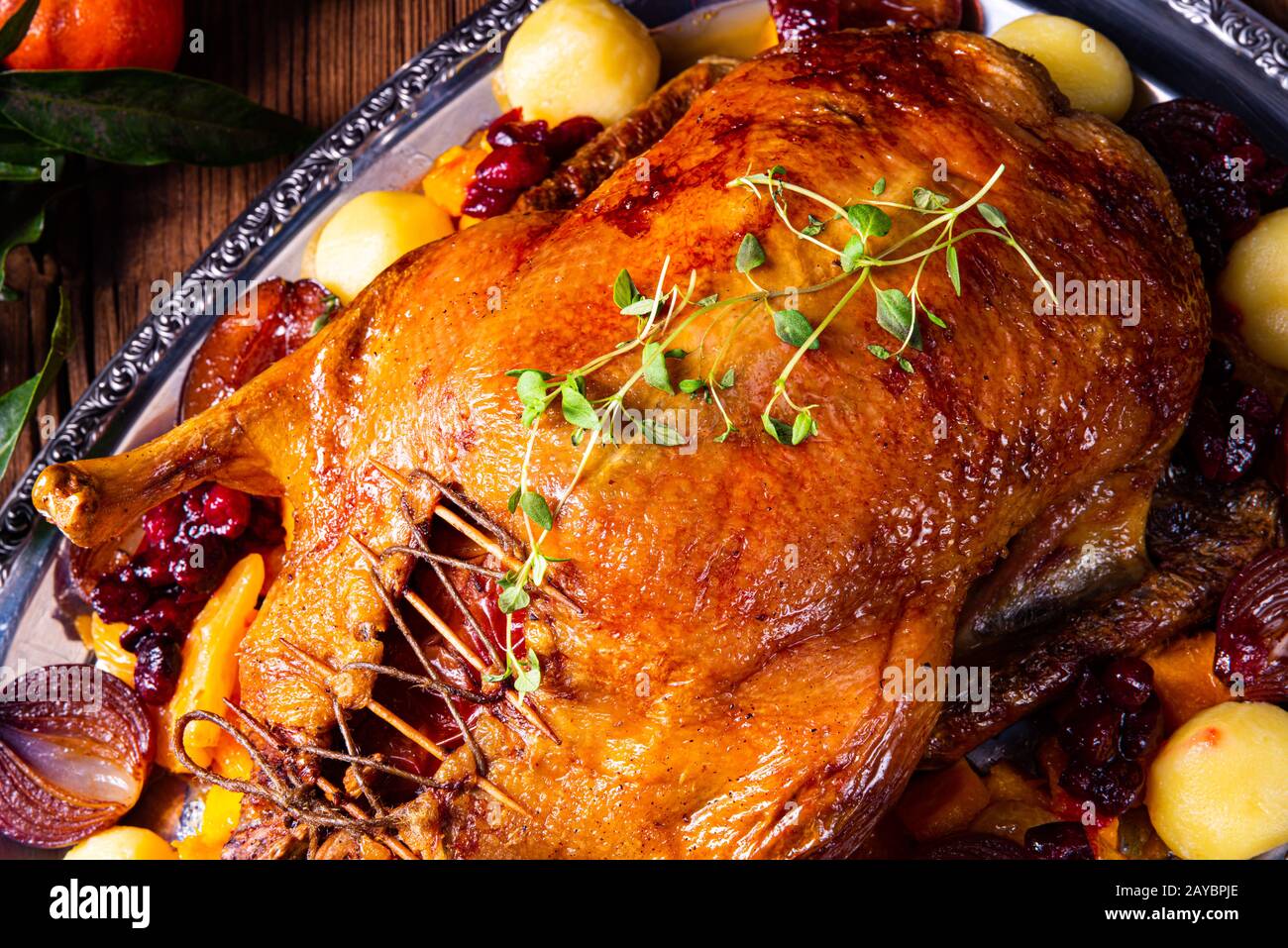 roast duck with potato dumplings and plums Stock Photo - Alamy