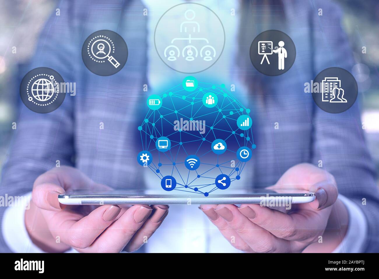 Female human presenting a presentation using the latest sophisticated ...