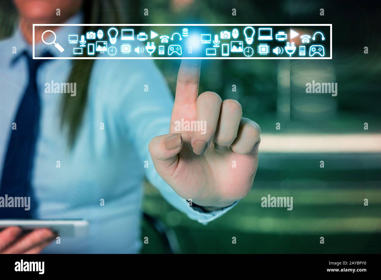 Female human presenting a presentation using the latest sophisticated ...