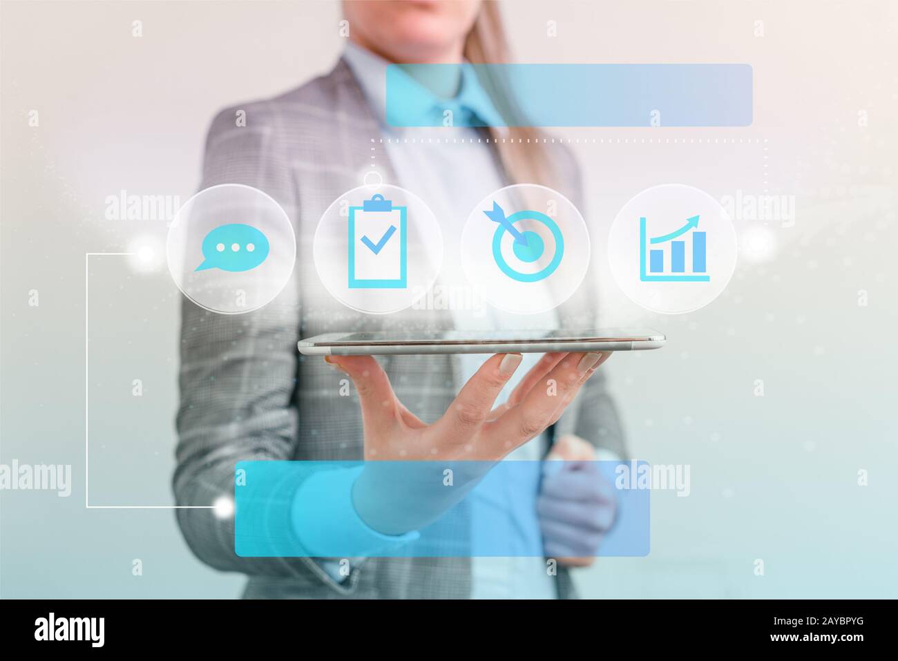 Female human presenting a presentation using the latest sophisticated ...