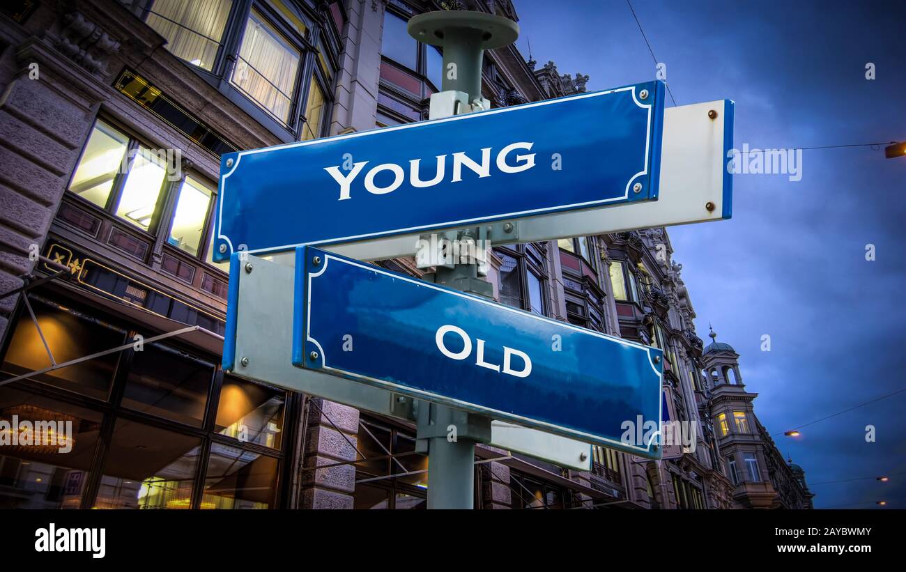 Street Sign Young versus Old Stock Photo - Alamy