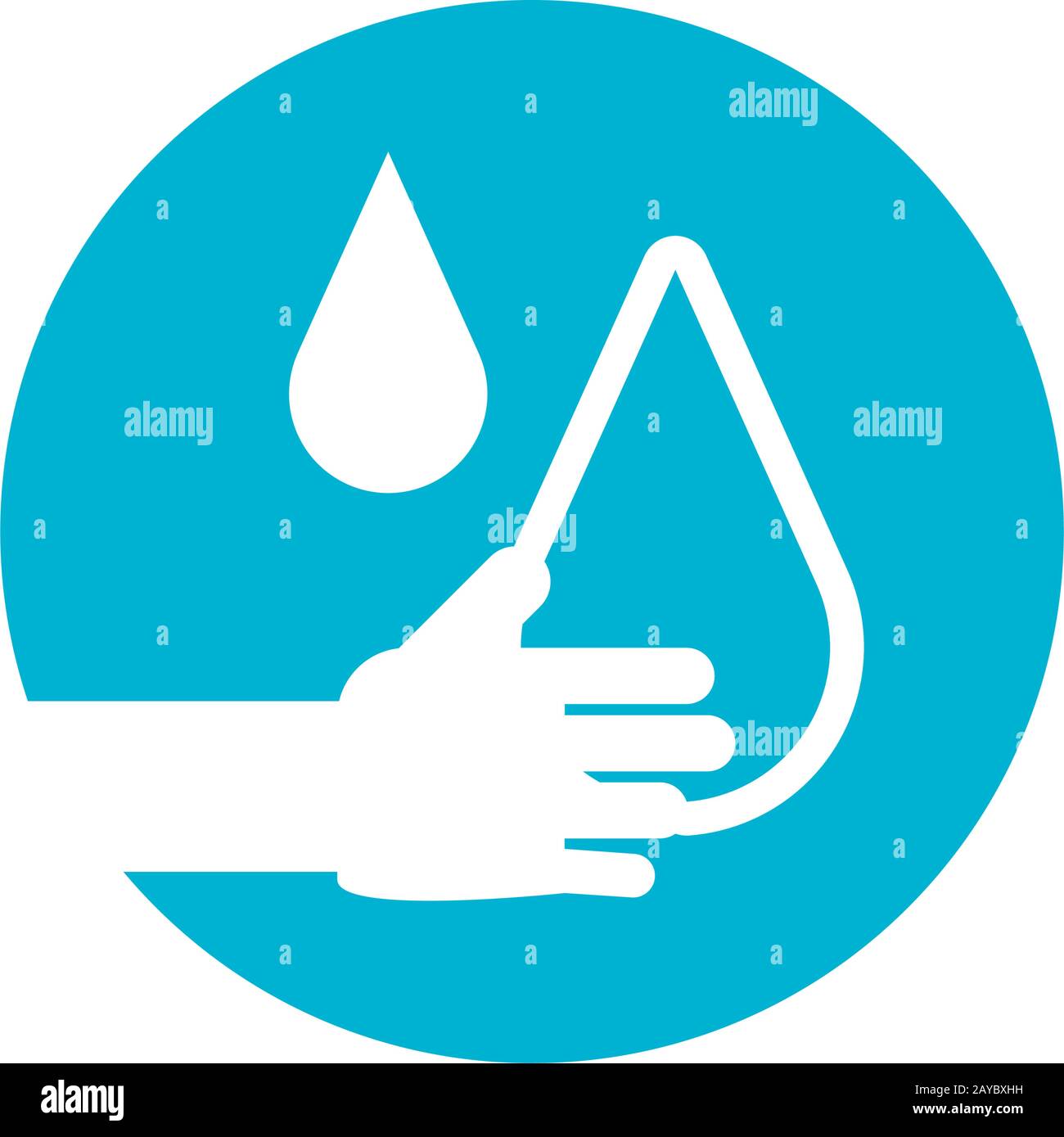 hand with water drops icon over blue cirle and white background, block ...