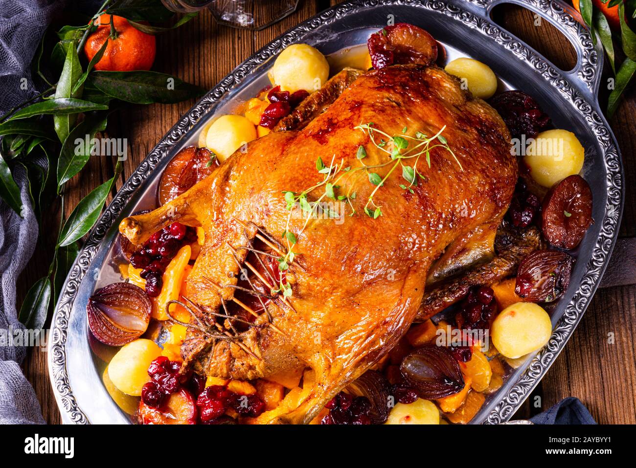 roast duck with potato dumplings and plums Stock Photo - Alamy