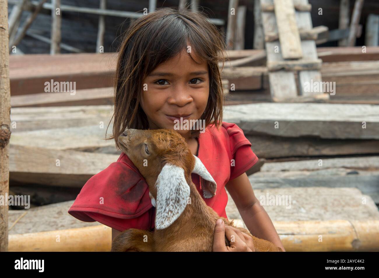 Village scene with a girl holding a baby goat in Sangean village ...