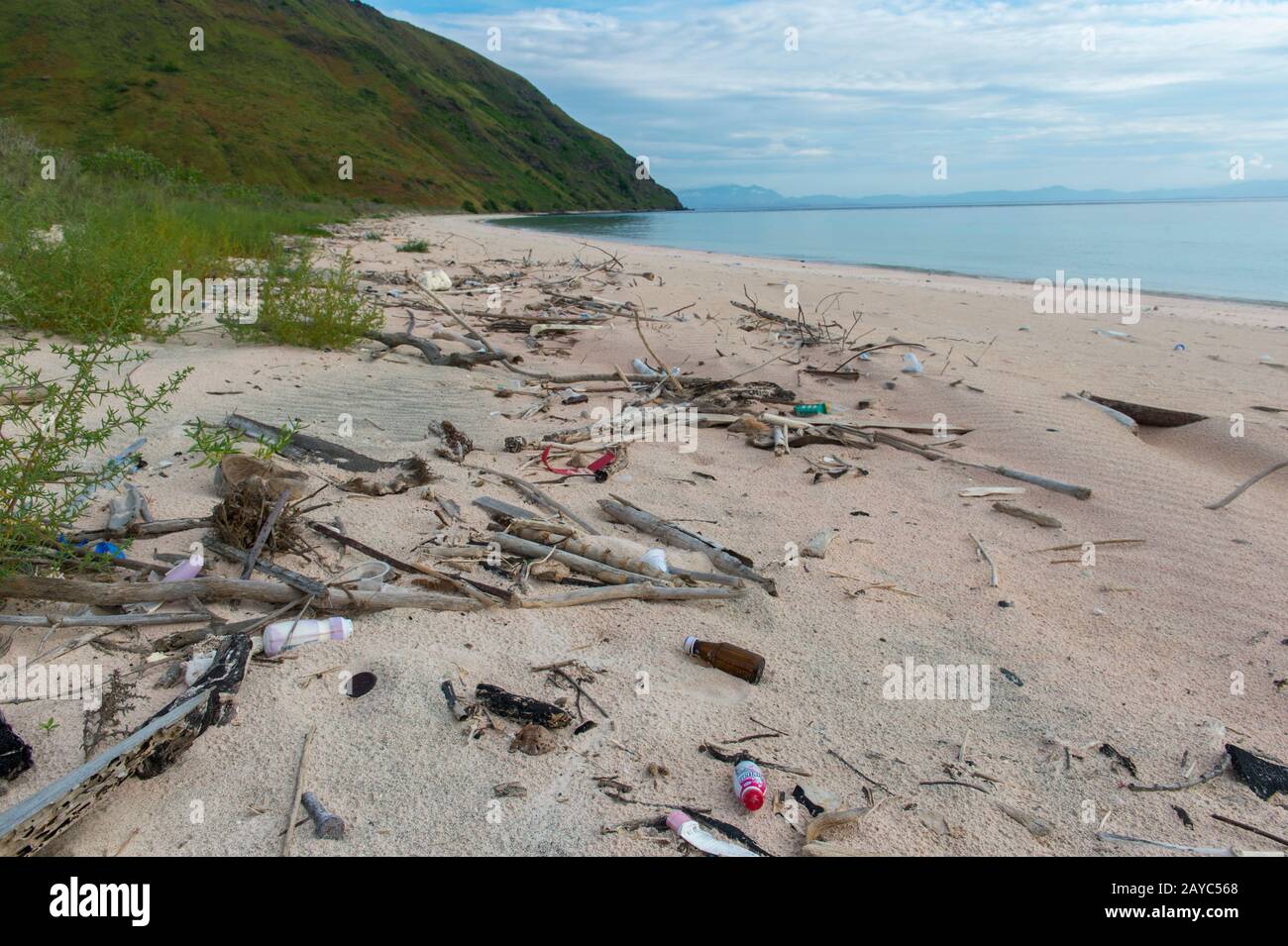 Plastic has been washed up onto the beach of Gili Banta (Banta Island ...