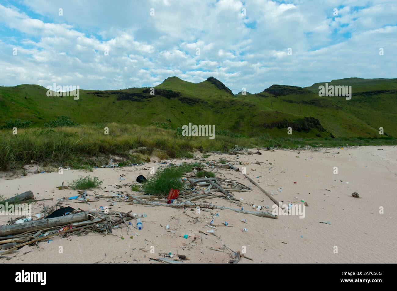 Plastic has been washed up onto the beach of Gili Banta (Banta Island ...