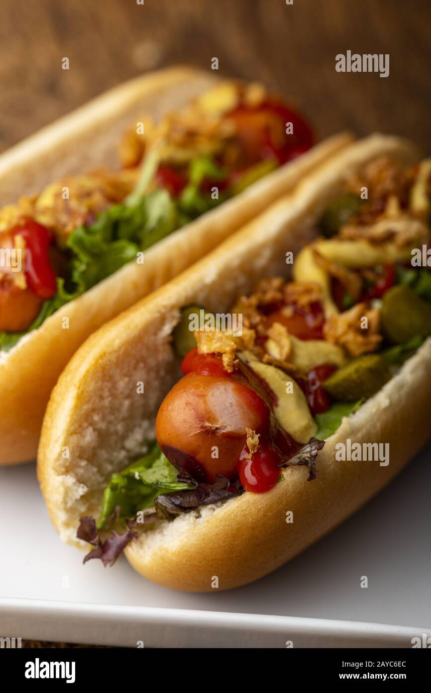 two classic hot dogs in rolls Stock Photo - Alamy