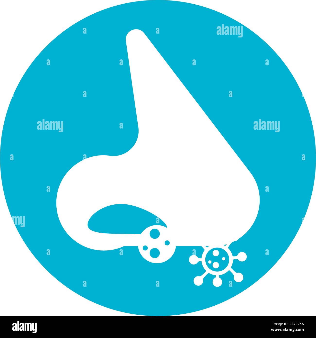 nose with bacteria germs over blue circle and white background, block ...