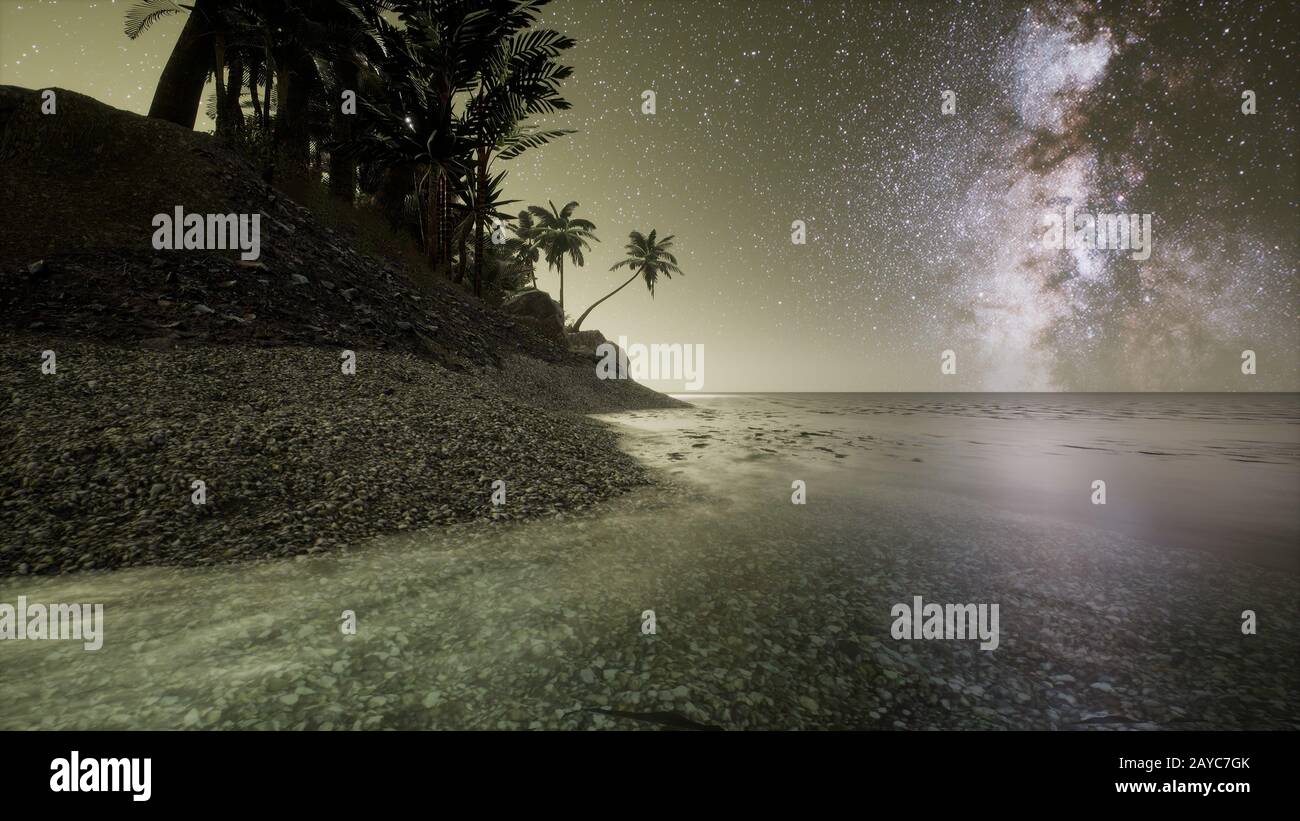 Beautiful fantasy tropical beach with Milky Way star in night skies ...
