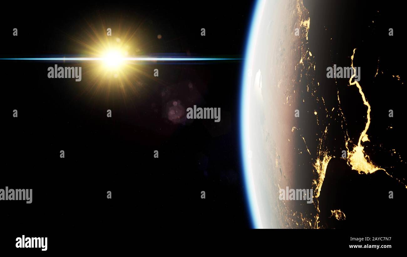 Space, Sun and planet Earth at Night Stock Photo - Alamy