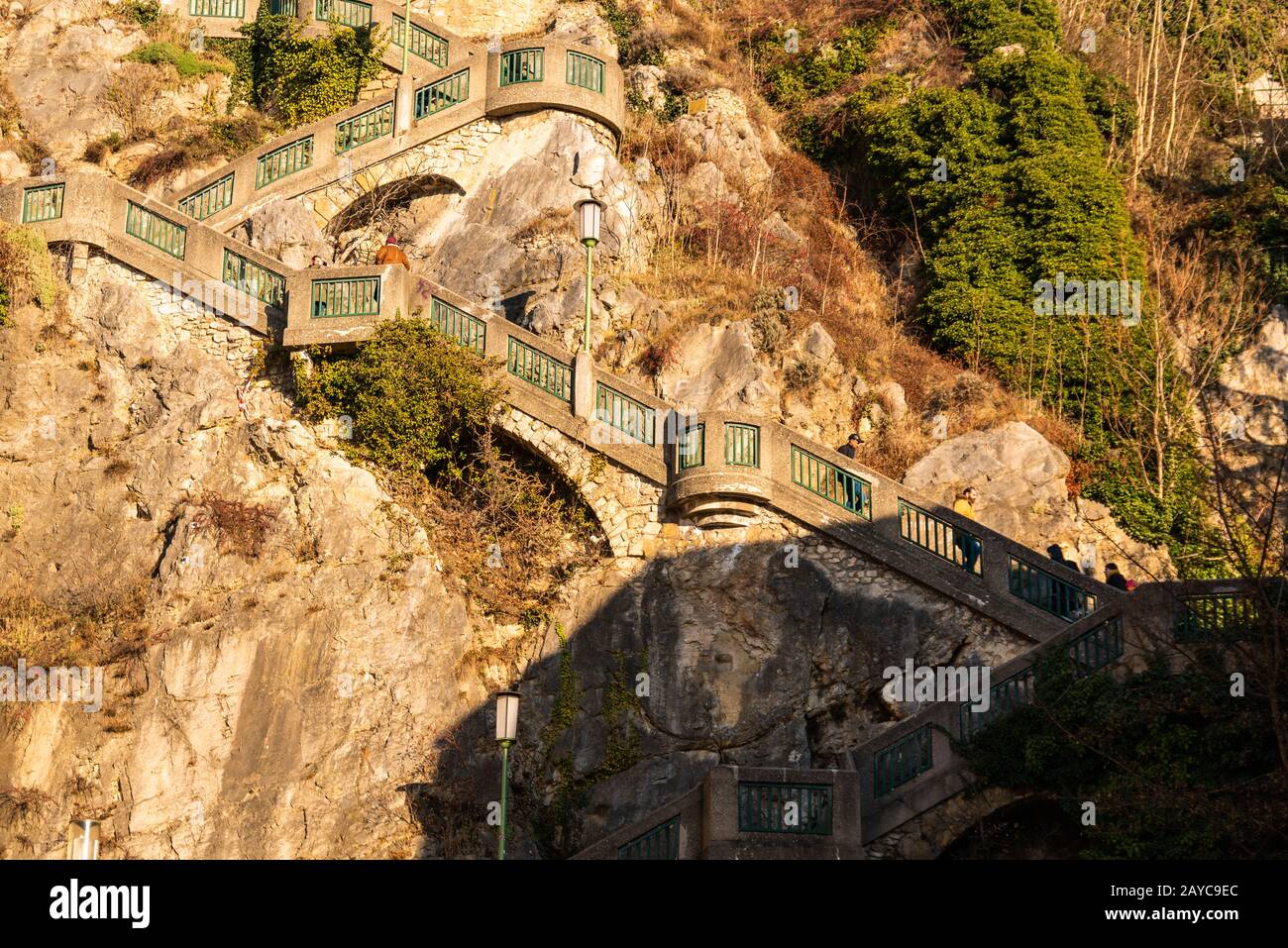 Stairs named schlossbergstiege up to landmark schlossberg with clock ...