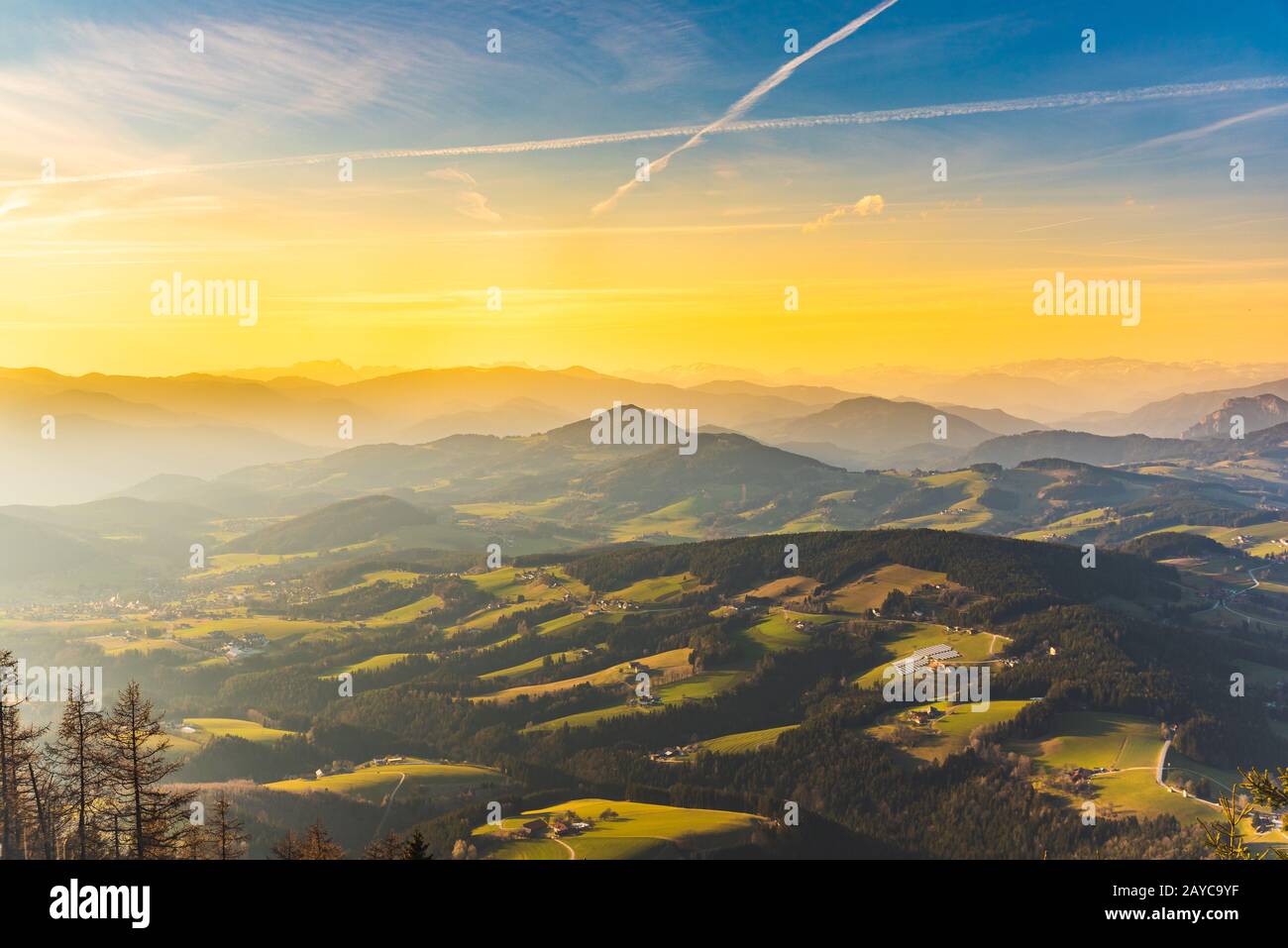 Landscape view during sunset in spring from Graz Schockl mountain in ...