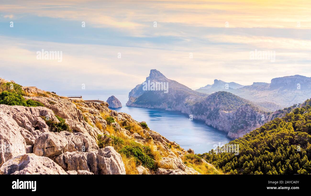 Viewpoint at the Mirador Es Colomer overseeing Formentor peninsula ...