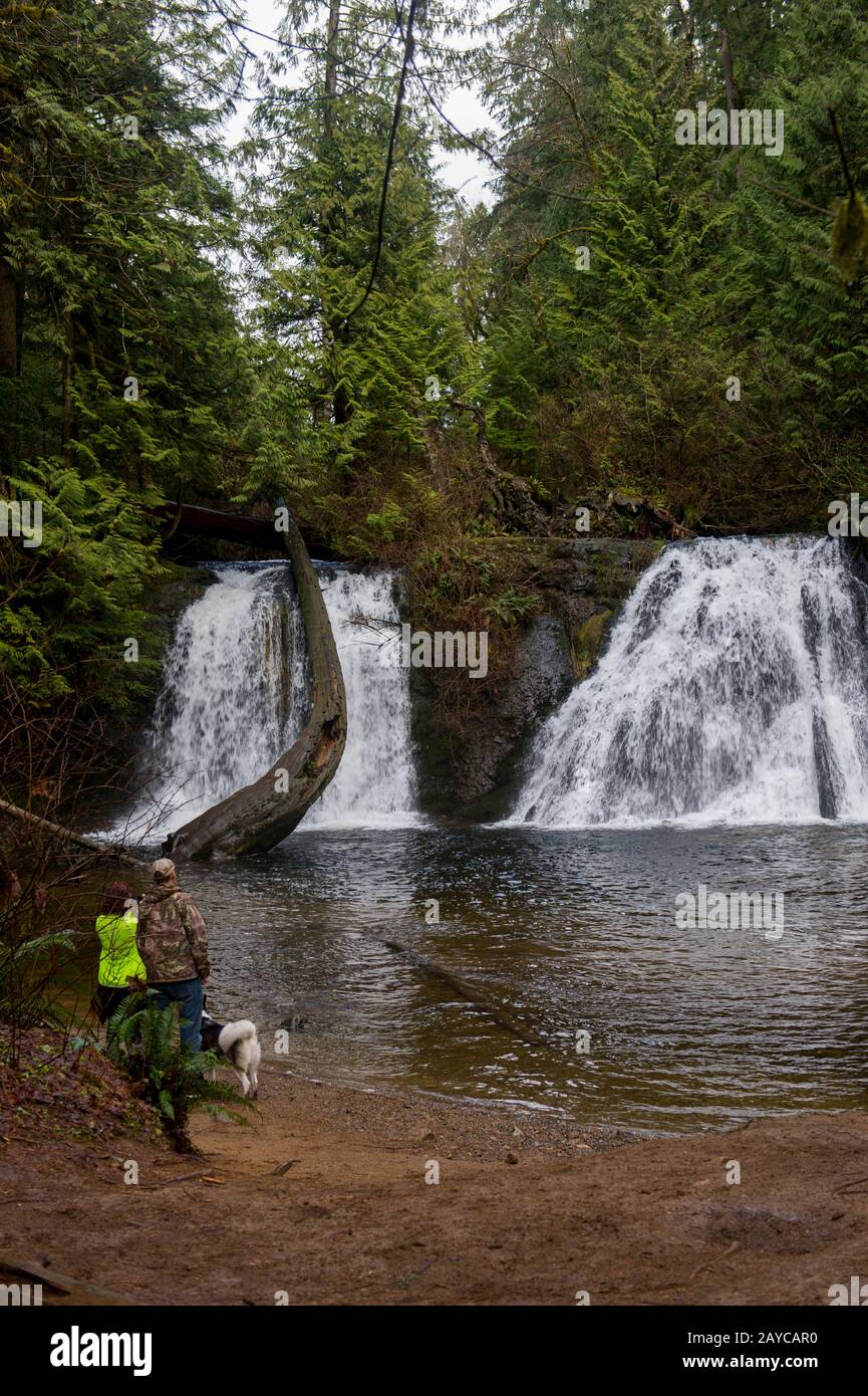 A couple with a dog at the Cherry Creek Falls in the Central Cascade ...
