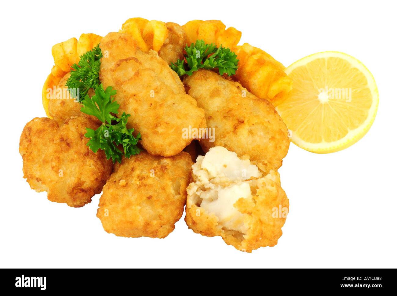 Battered cod fish nugget bites with curly fries isolated on a white ...