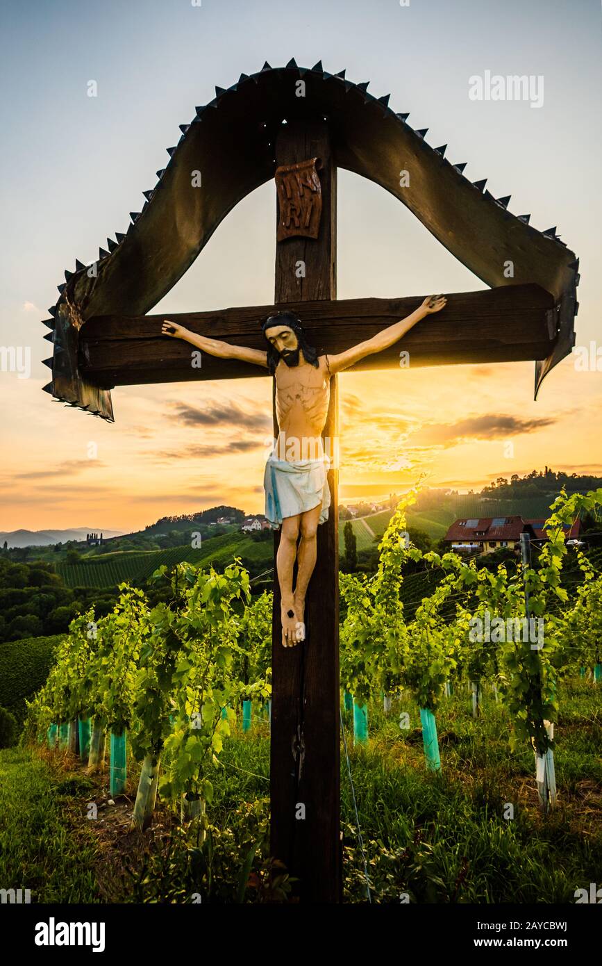 Christian wooden cross with figure of Jesus Christ on Vineyards at ...
