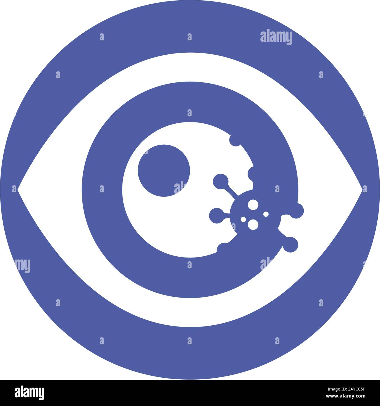 eye with bacteria germ over purple circle and white background, block ...