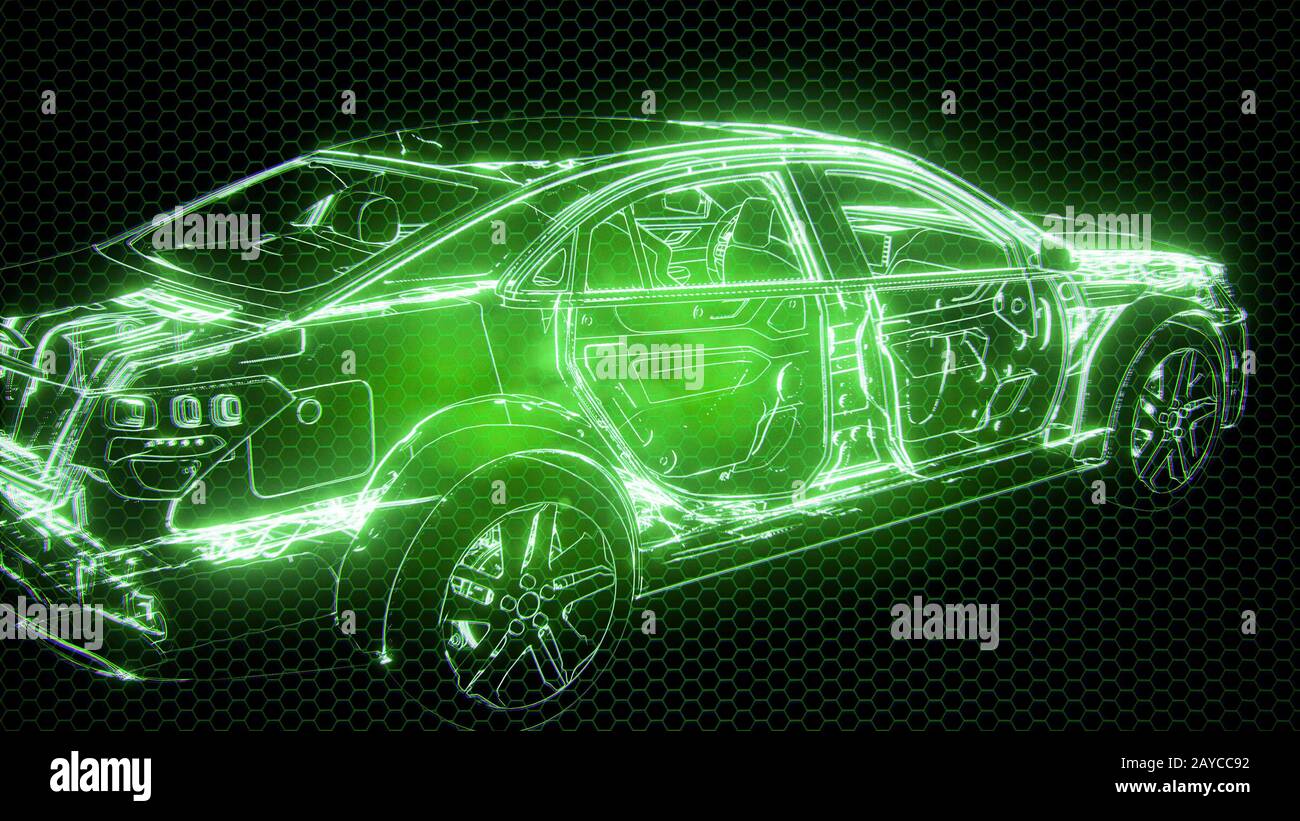 Holographic animation of 3D wireframe car model with engine Stock Photo ...