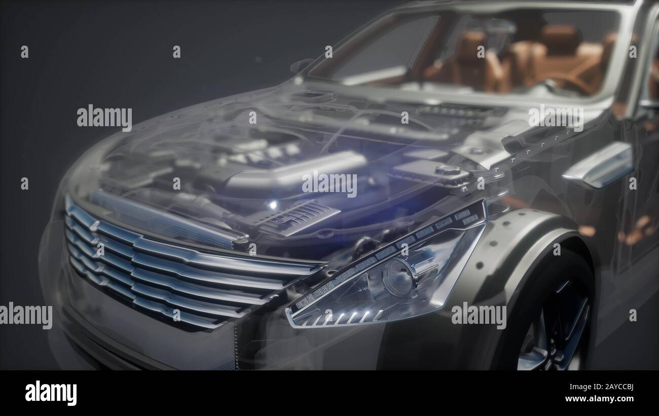 engine and other parts visible in car Stock Photo - Alamy